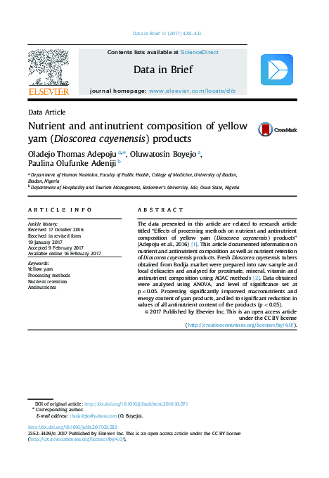 (PDF) Nutrient and antinutrient composition of yellow yam (Dioscorea ...