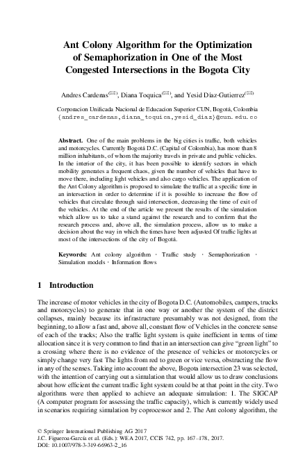 Pdf Ant Colony Algorithm For The Optimization Of Semaphorization In One Of The Most Congested