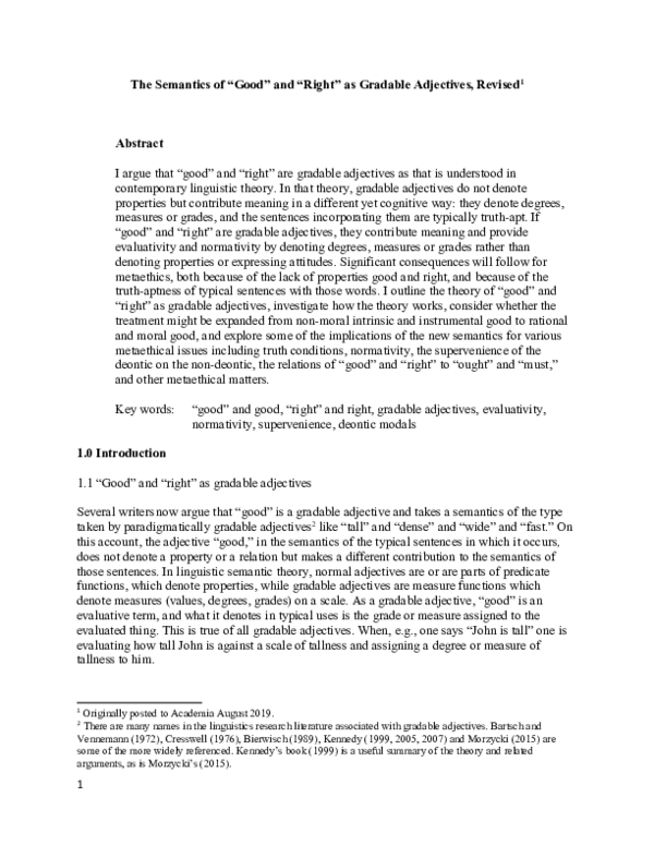 (DOC) The Semantics of "Good" and "Right" as Gradable Adjectives, Revised1