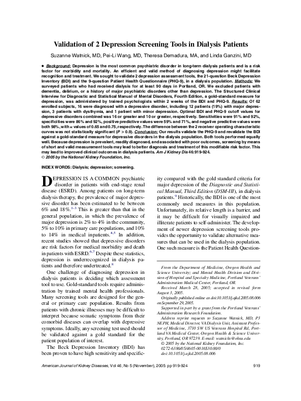 (PDF) Validation of 2 Depression Screening Tools in Dialysis Patients