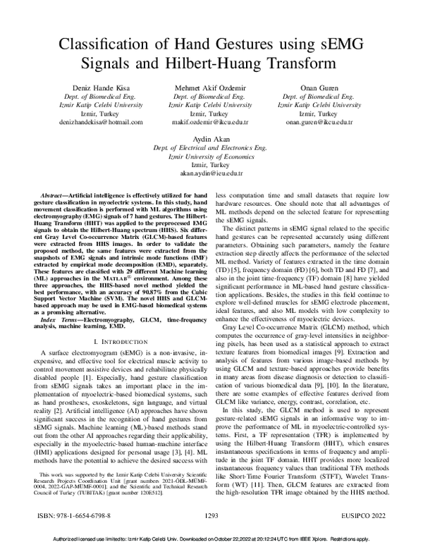 Pdf Hand Gesture Classification Via Semg And Hht