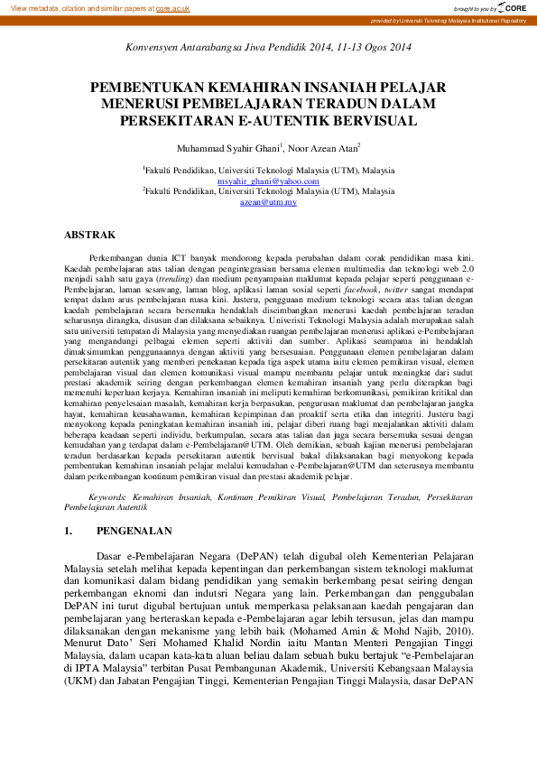 (PDF) Pembentukan kemahiran insaniah pelajar menerusi pembelajaran teradun dalam persekitaran e ...