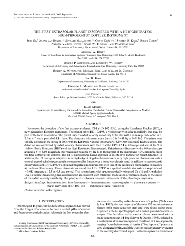 (PDF) The First Extrasolar Planet Discovered with a New‐Generation High‐Throughput Doppler ...