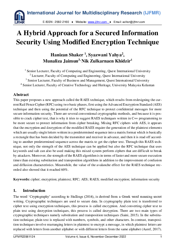 (PDF) A Hybrid Approach for a Secured Information Security Using Modified Encryption Technique