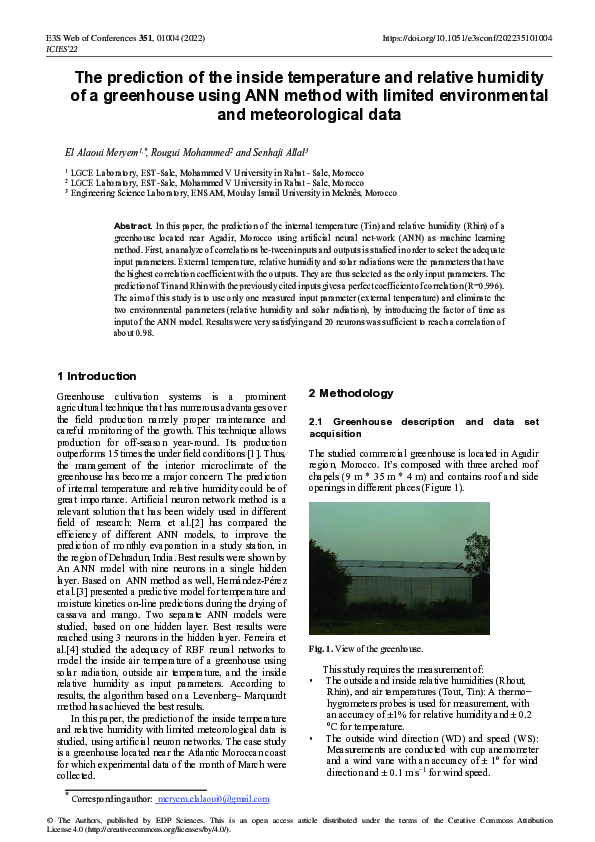 (PDF) The prediction of the inside temperature and relative humidity of a greenhouse using ANN ...
