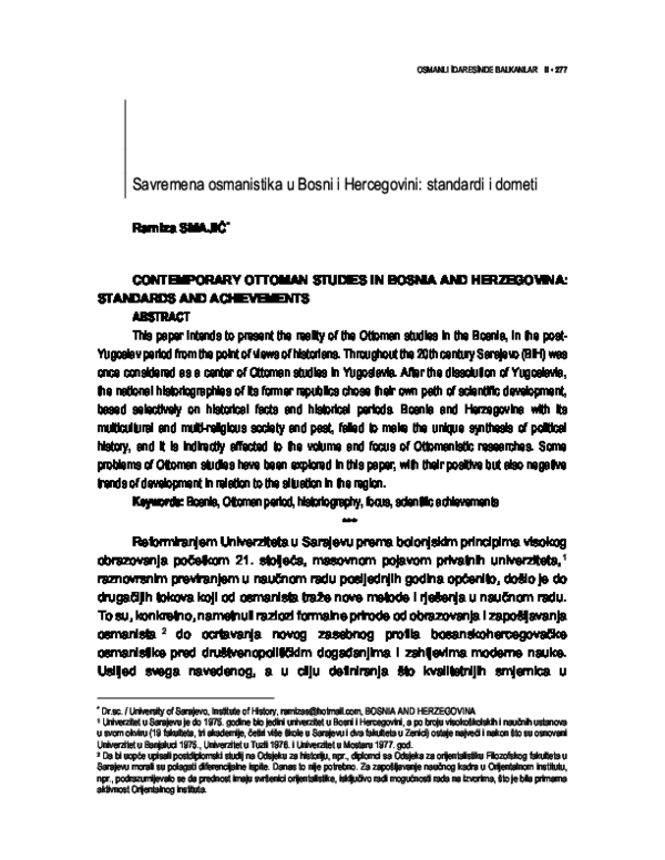 (PDF) Contemporary Ottoman studies in Bosnia and Herzegovina: Standards ...