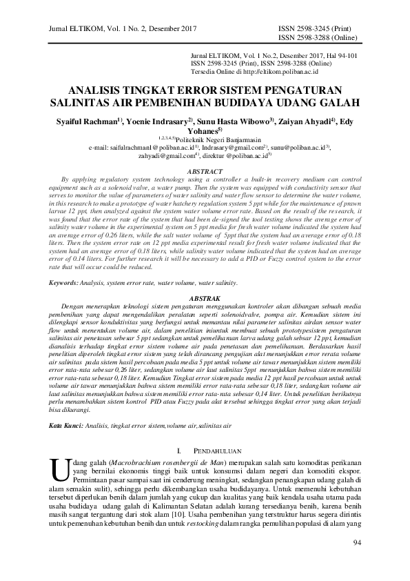 (PDF) Analisis Tingkat Error Sistem Pengaturan Salinitas Air Pembenihan Budidaya Udang Galah