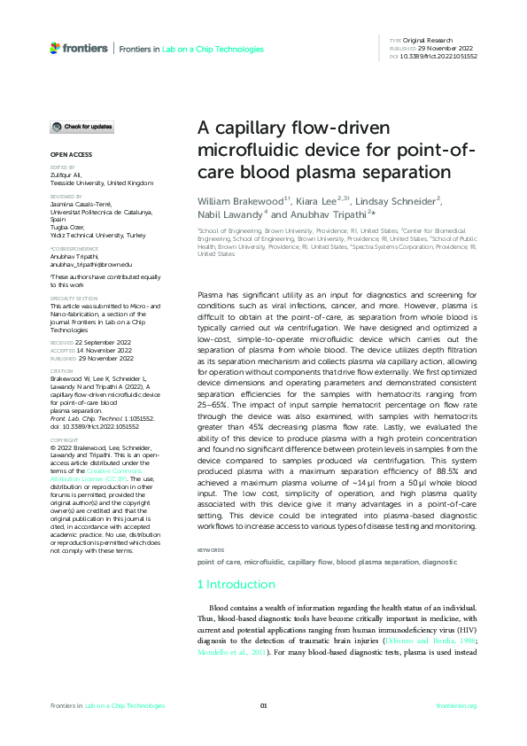 (PDF) A capillary flow-driven microfluidic device for point-of-care blood plasma separation
