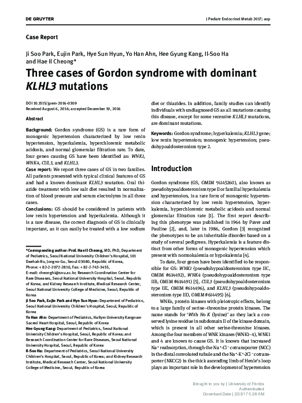 (PDF) Three cases of Gordon syndrome with dominant KLHL3 mutations