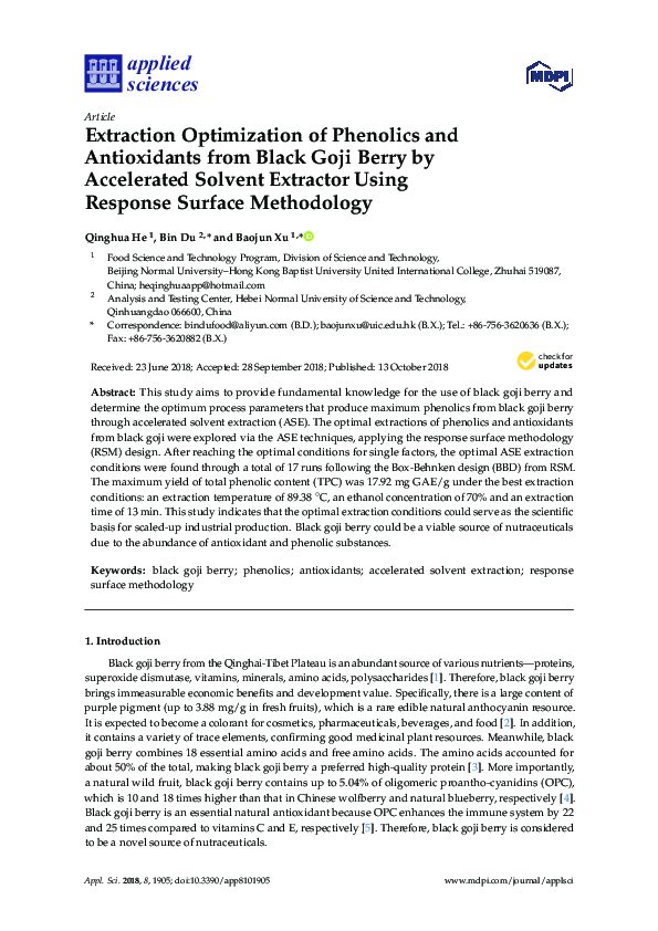 Pdf Extraction Optimization Of Phenolics And Antioxidants From Black
