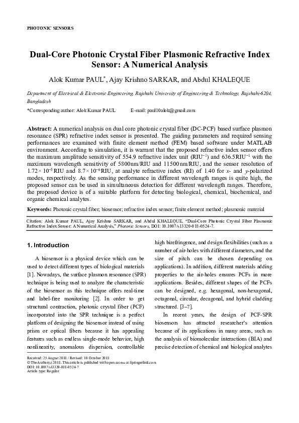 (PDF) Dual-Core Photonic Crystal Fiber Plasmonic Refractive Index Sensor: A Numerical Analysis