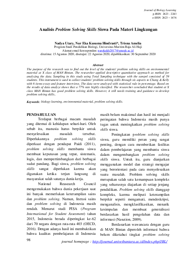 (PDF) Analisis Problem Solving Skills Siswa pada Materi Lingkungan