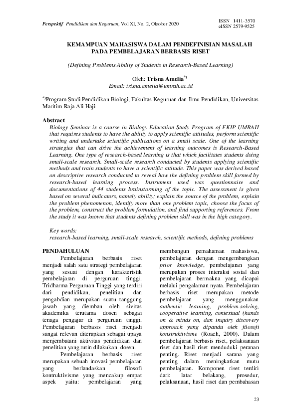 (PDF) Kemampuan Mahasiswa Dalam Pendefinisian Masalah Pada Pembelajaran Berbasis Riset