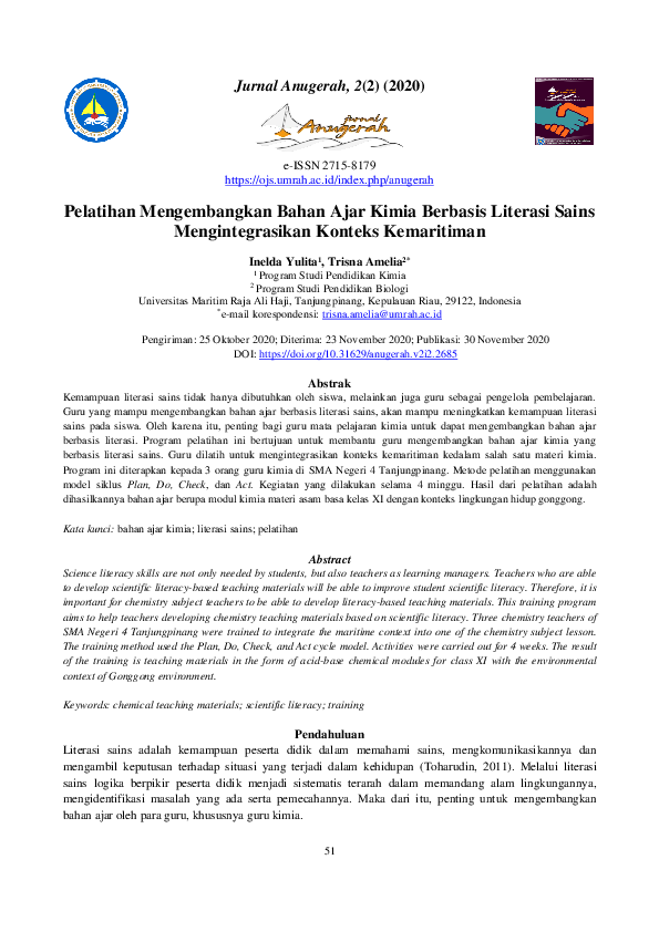 (PDF) Pelatihan Mengembangkan Bahan Ajar Kimia Berbasis Literasi Sains Mengintegrasikan Konteks ...