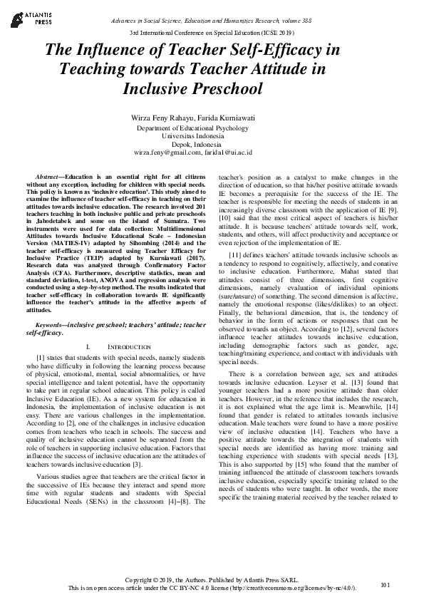 (PDF) The Influence of Teacher Self-Efficacy in Teaching towards Teacher Attitude in Inclusive ...