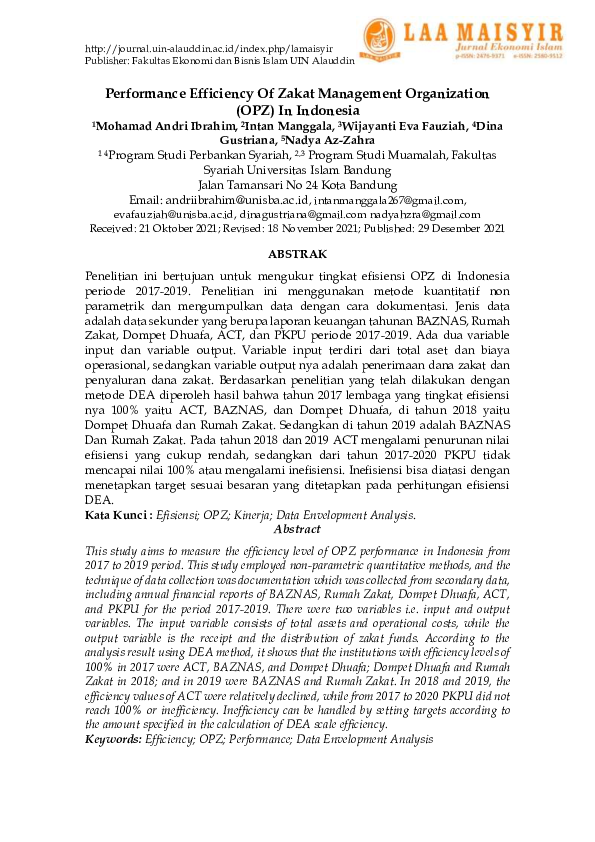 (PDF) Performance Efficiency Of Zakat Management Organization (OPZ) In Indonesia