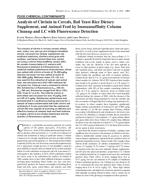 (PDF) Analysis of Citrinin in Cereals, Red Yeast Rice Dietary ...