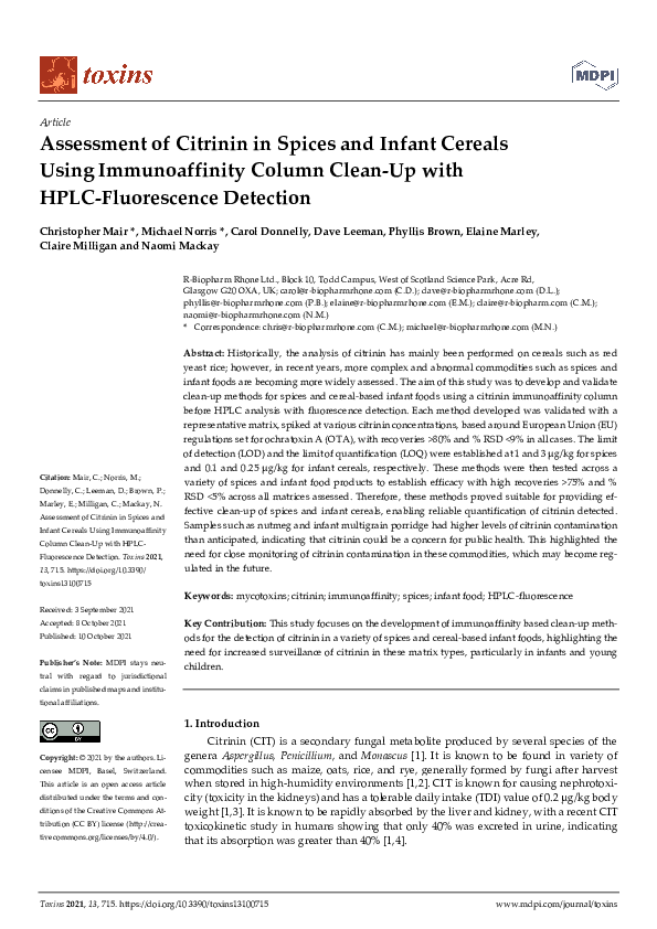 (PDF) Assessment of Citrinin in Spices and Infant Cereals Using ...