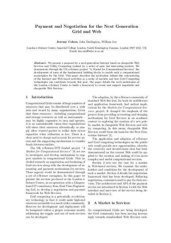 (PDF) Payment and negotiation for the next generation Grid and Web