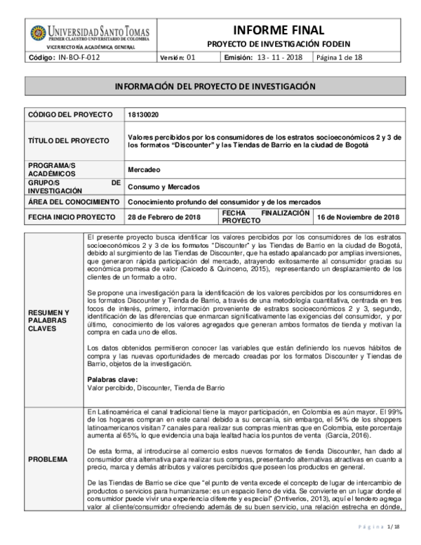 (PDF) Informe final proyecto de investigación FODEIN. Valores percibidos por los consumidores de ...