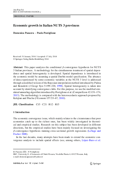 (PDF) Economic growth in Italian NUTS 3 provinces