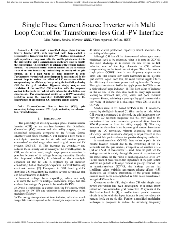 Pdf Single Phase Current Source Inverter With Multiloop Control For Transformerless Grid Pv
