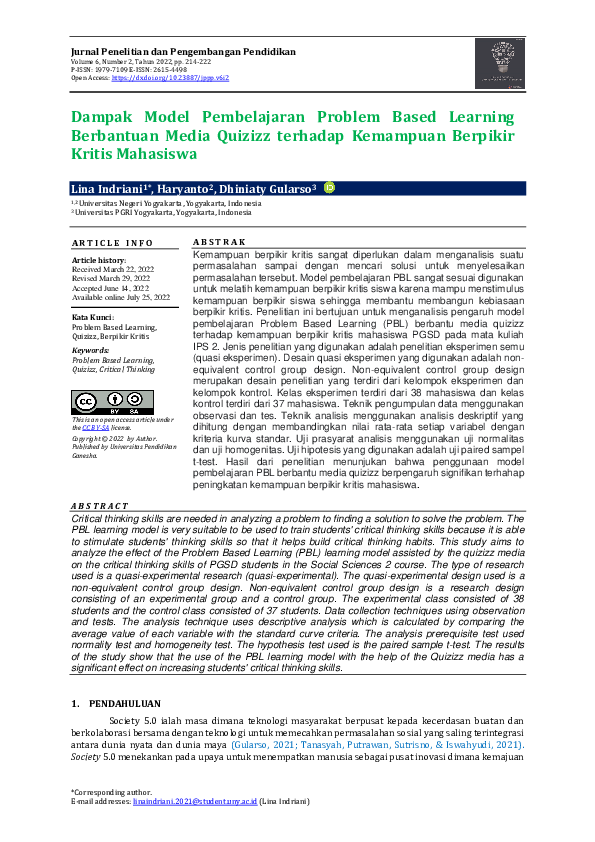 (PDF) Dampak Model Pembelajaran Problem Based Learning Berbantuan Media Quizizz terhadap ...
