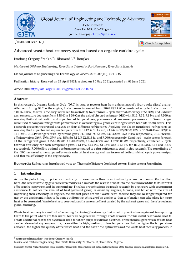 (PDF) Advanced waste heat recovery system based on organic rankine cycle