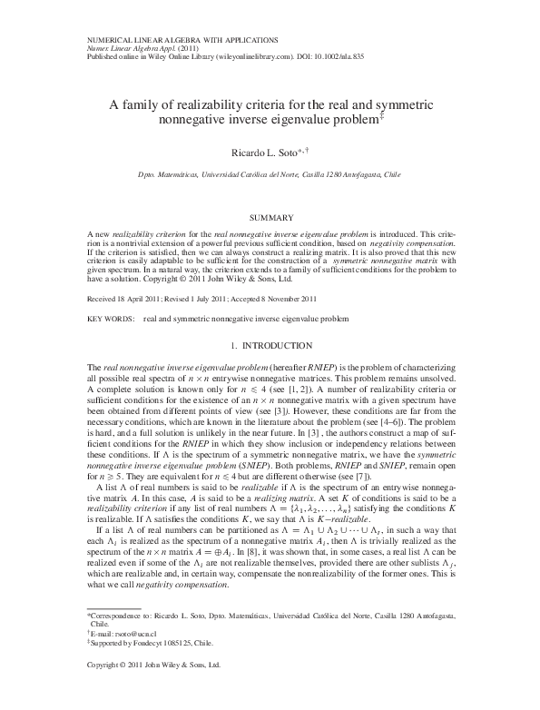 (PDF) Realizability Criteria for Nonnegative Matrices