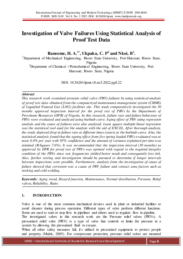 (PDF) Investigation of Valve Failures Using Statistical Analysis of ...