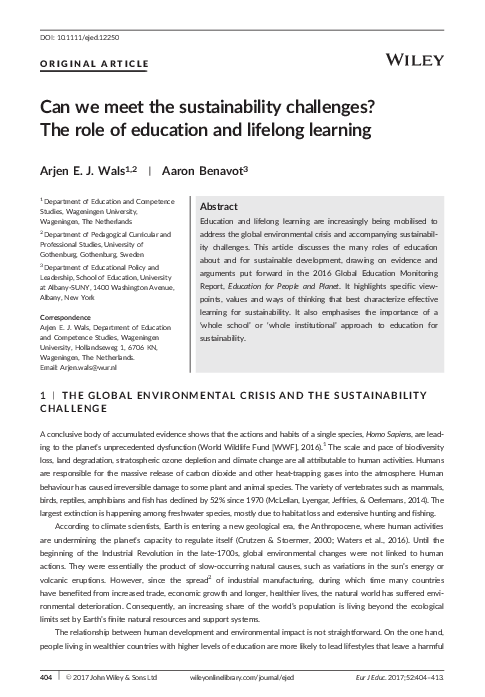 (PDF) Can we meet the sustainability challenges? The role of education ...