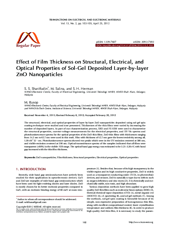 (PDF) Effect of film thickness on structural, electrical, and optical properties of Sol-Gel ...
