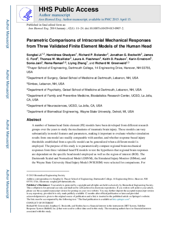(PDF) Parametric Comparisons of Intracranial Mechanical Responses from Three Validated Finite ...