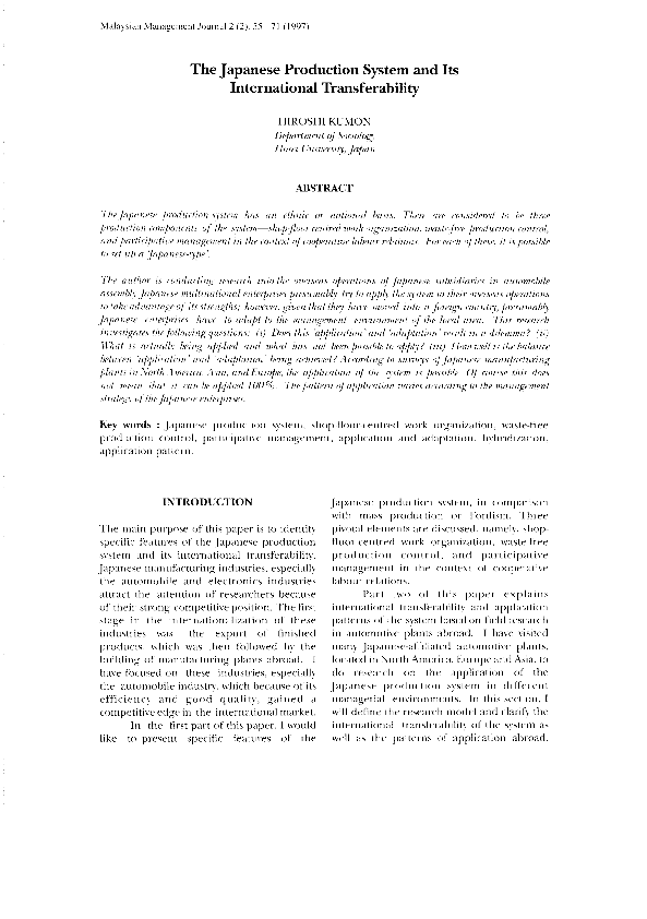 (PDF) The Japanese Production System and Its International Transferability