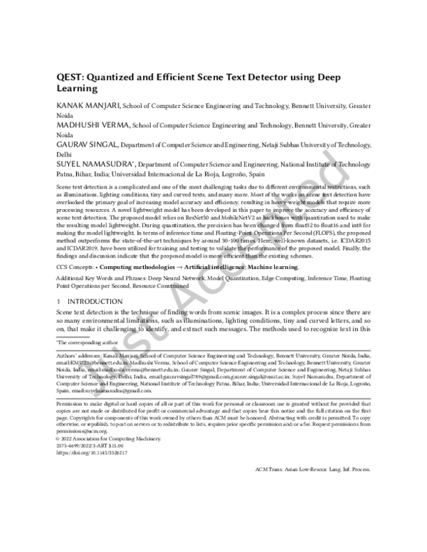 (PDF) QEST: Quantized and Efficient Scene Text Detector using Deep Learning