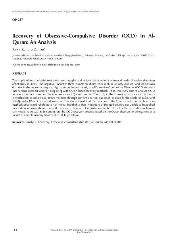 (PDF) Recovery of Obsessive-Compulsive Disorder (OCD) In Al-Quran: An ...