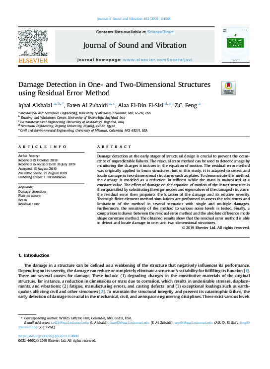 (PDF) Damage Detection in One- and Two-Dimensional Structures using Residual Error Method