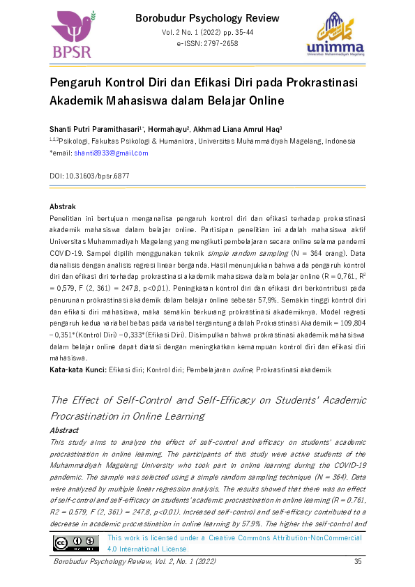 (PDF) Pengaruh Kontrol Diri dan Efikasi Diri pada Prokrastinasi Akademik Mahasiswa dalam Belajar ...