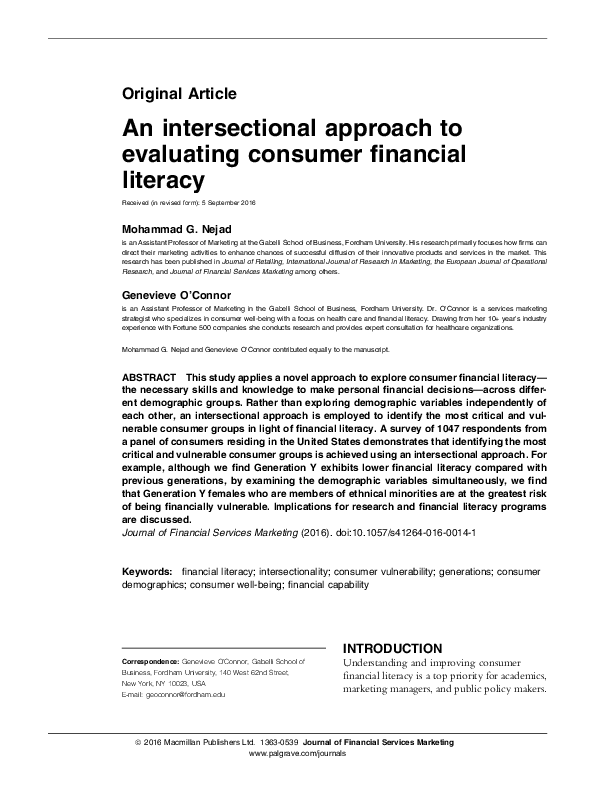 (PDF) An intersectional approach to evaluating consumer financial literacy