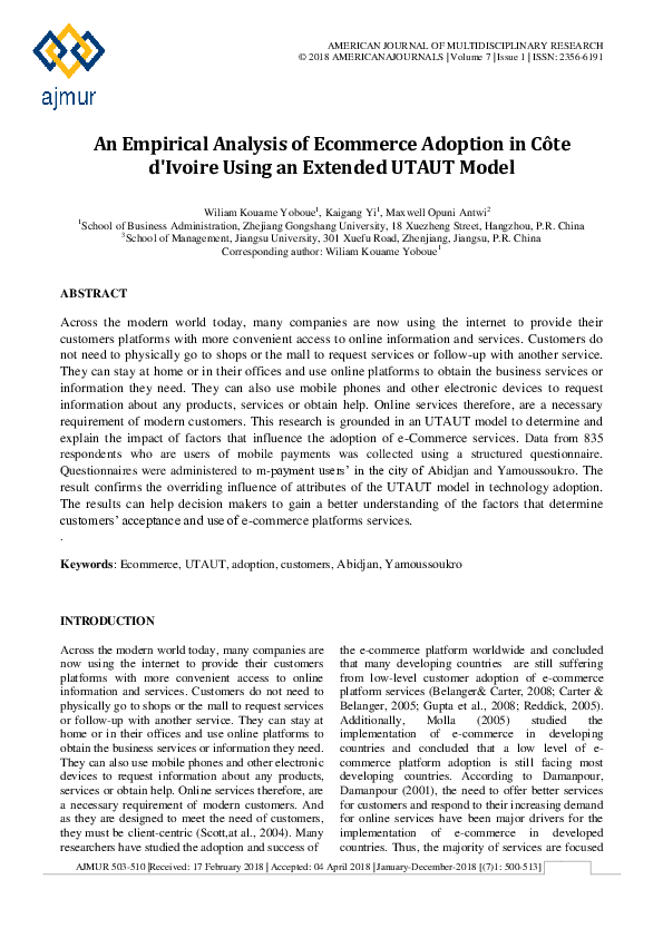 (PDF) An Empirical Analysis of Ecommerce Adoption in Cote D'Ivoire Using an Extended Utaut Model