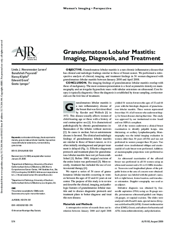 (PDF) Granulomatous Lobular Mastitis: Imaging, Diagnosis, and Treatment