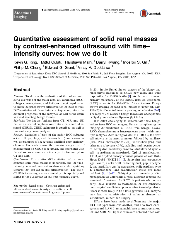 (PDF) Quantitative assessment of solid renal masses by contrast-enhanced ultrasound with time ...