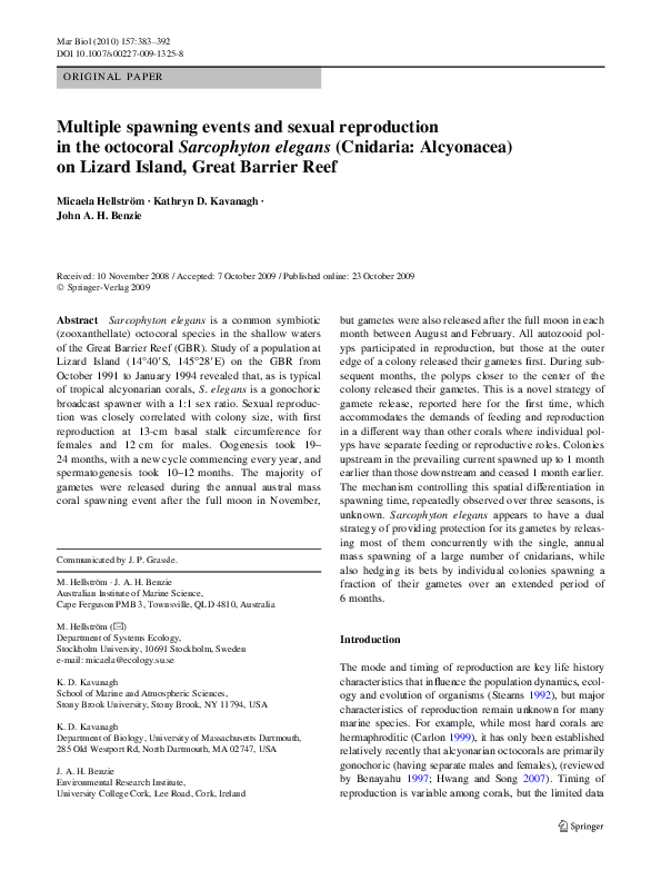 (PDF) Multiple spawning events and sexual reproduction in the octocoral ...