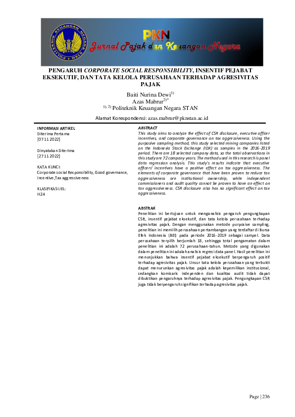 (PDF) Pengaruh Corporate Social Responsibility, Insentif Pejabat ...