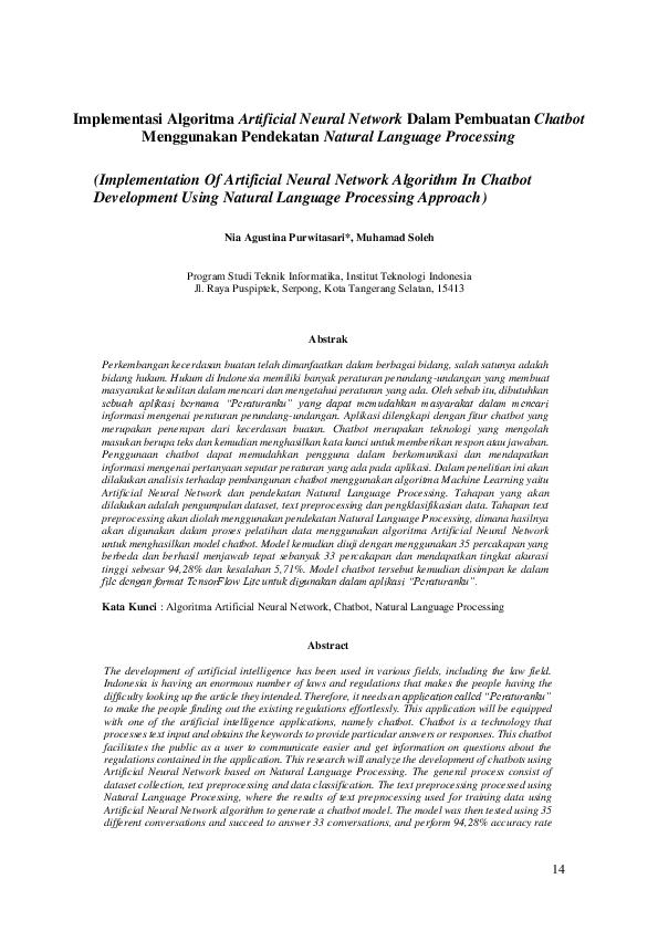 Pdf Implementasi Algoritma Artificial Neural Network Dalam Pembuatan Chatbot Menggunakan