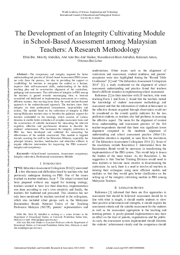 (PDF) The Development Of An Integrity Cultivating Module In School ...