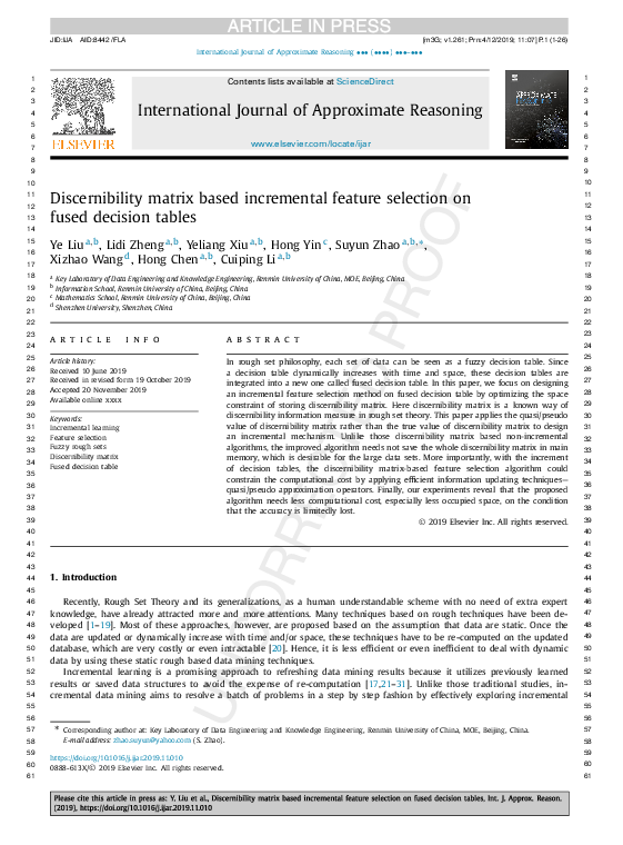 (PDF) Discernibility matrix based incremental feature selection on fused decision tables ...