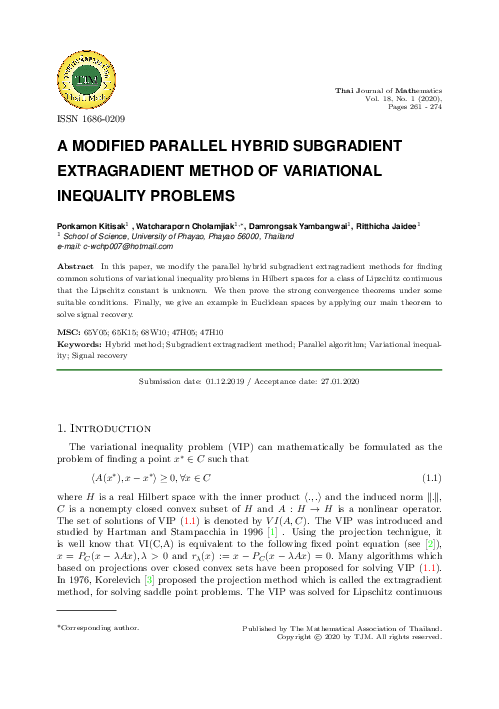 (PDF) A Modified Parallel Hybrid Subgradient Extragradient Method of Variational Inequality Problems