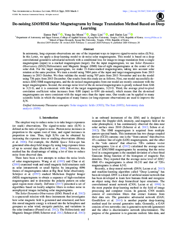 (PDF) De-noising SDO/HMI Solar Magnetograms by Image Translation Method Based on Deep Learning