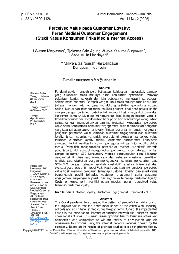 (PDF) Perceived Value pada Customer Loyalty Peran Mediasi Customer Engagement